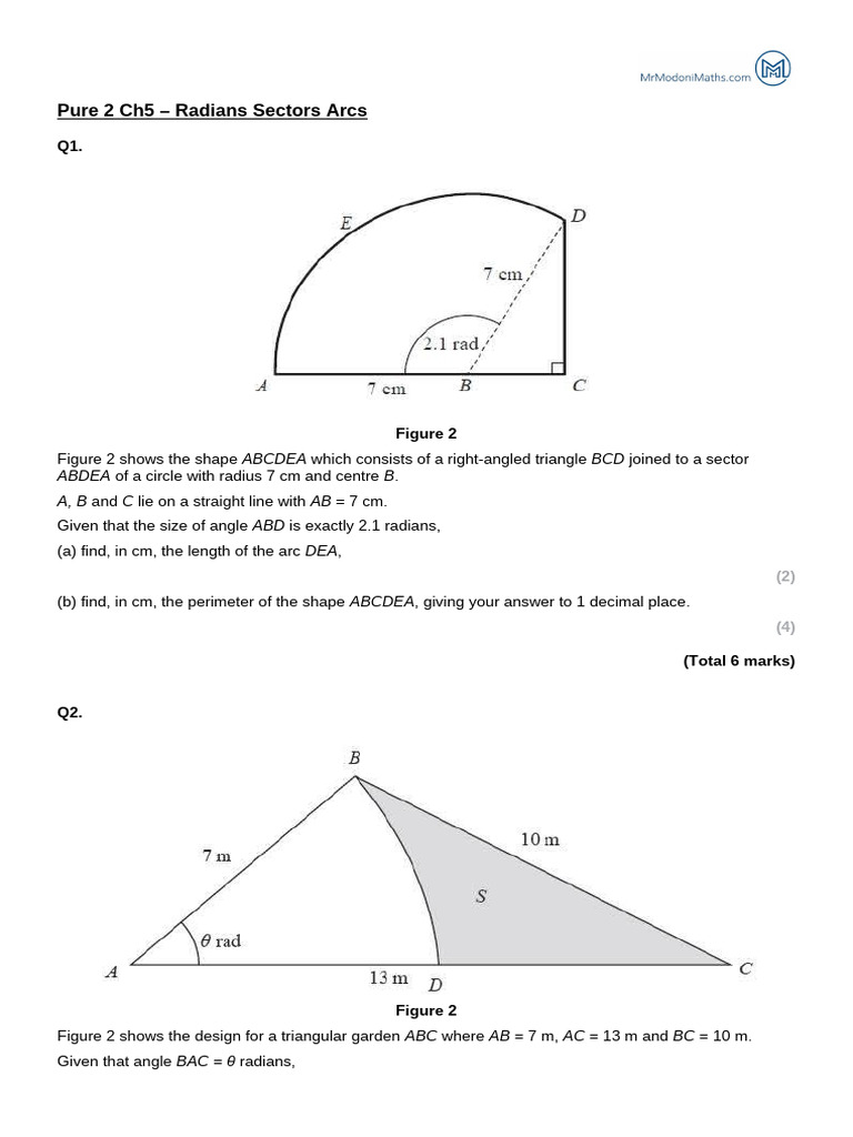 Pure 2 Ch5 - Radians Sectors Arcs | PDF | Area | Circle