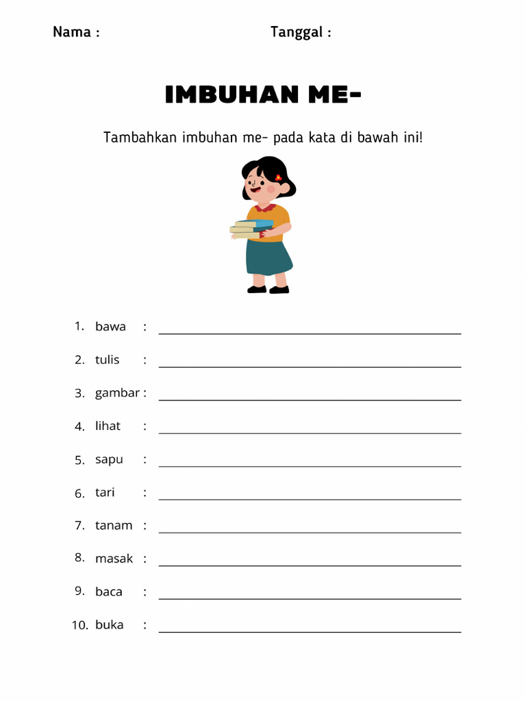 Lembar Kerja Imbuhan Me - Biru Ilustrasi Sederhana PDF | PDF