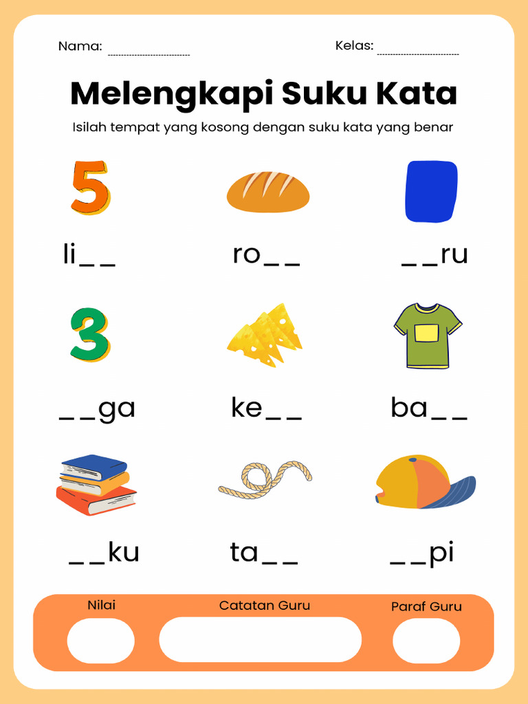 Melengkapi Suku Kata Lembar Kerja Biru Gaya Ilustratif PDF | PDF