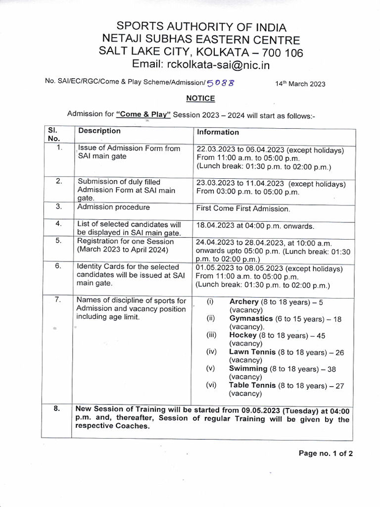Notice - Admission - Come & Play-2-3 | PDF | Sports