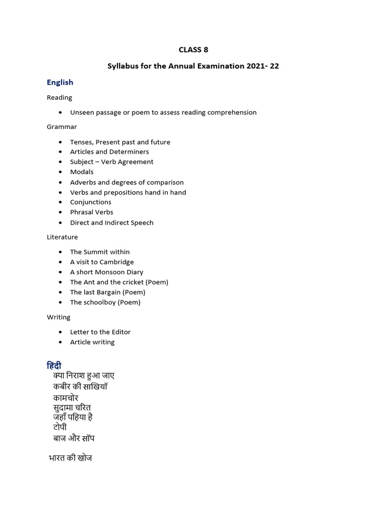 Class 8 Annual Exam Syllabus | PDF | Hyperlink | Linguistics
