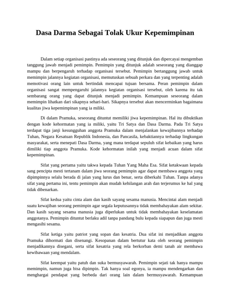 Essay Dasa Darma Sebagai Tolak Ukur Kepemimpinan | PDF