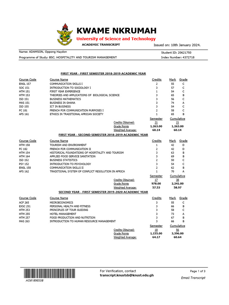 Academic Transcript for BSc Hospitality | PDF