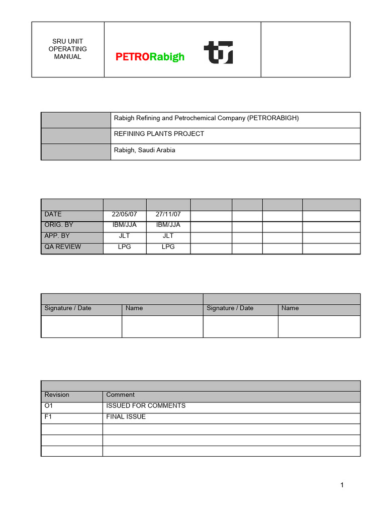SRU Unit Operating Manual for PETRORabigh | PDF | Chemical Reactor | Boiler