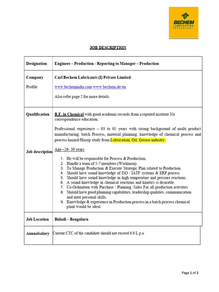 Engineer Production - Reporting To Manager Production | PDF | Lubricant | Materials