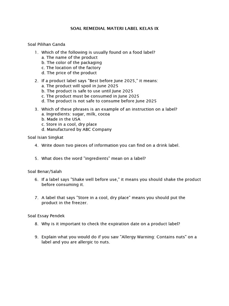 Soal Remedial Dan Pengayaan Materi Label Kelas Ix | PDF | Food Science ...
