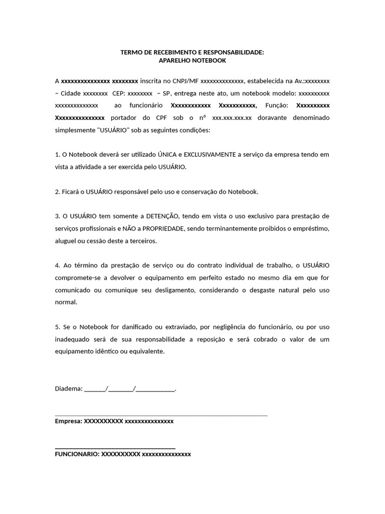 Modelo Termo de Recebimento e Responsabilidade Por Guarda e Uso de Equipamentos | PDF