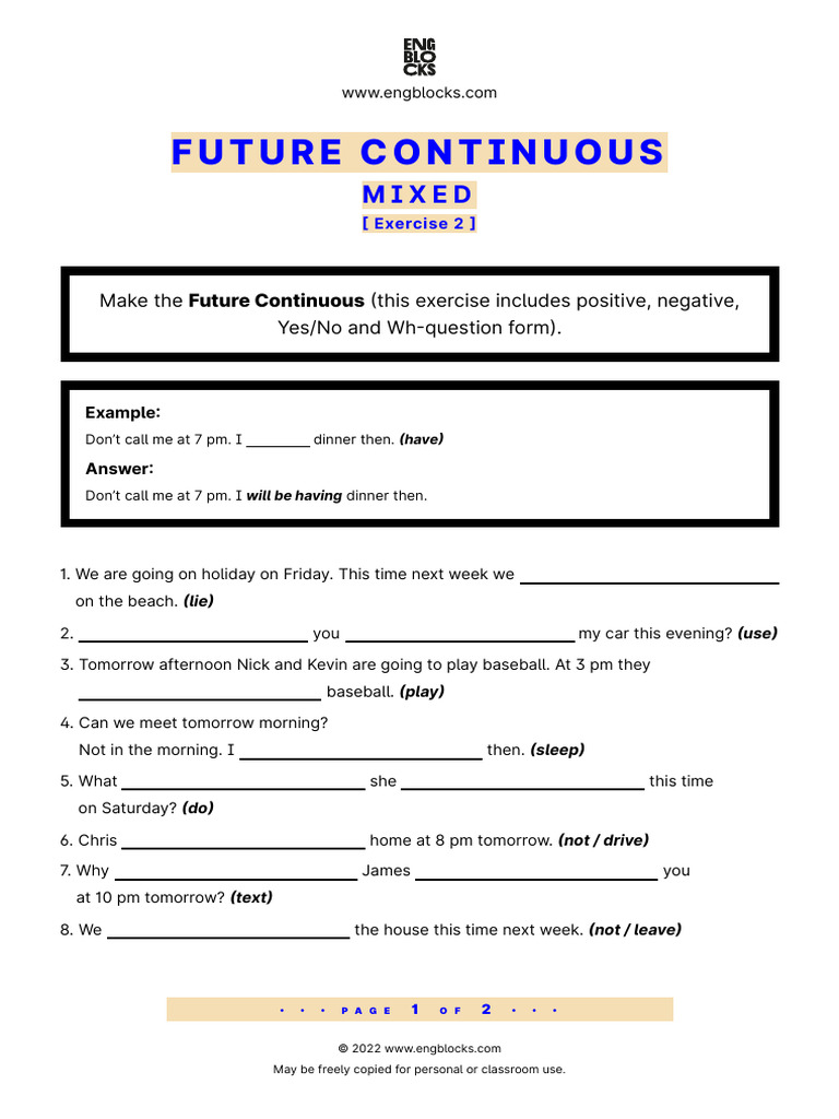 Future Continuous Exercises PDF | PDF