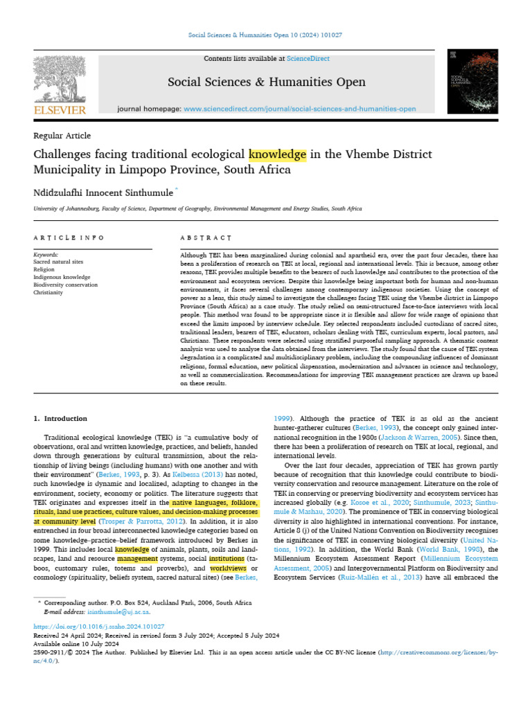 Challenges Facing Traditional Ecological Knowledge in The Vhembe ...