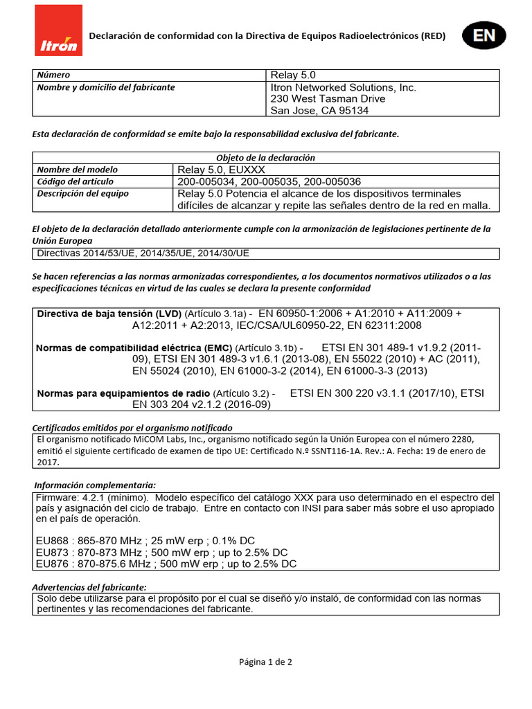 801-0059-00 RED (2014-53-EU) DECLARATION OF CONFORMITY, RELAY 5.0 ...