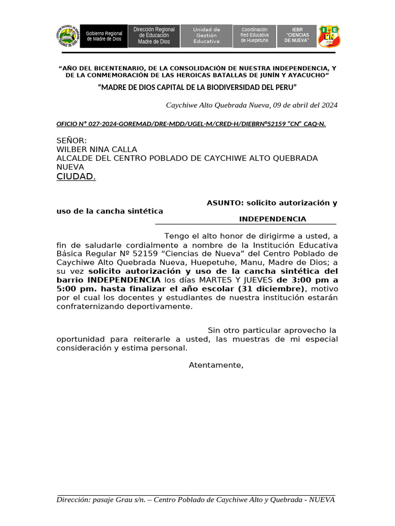Oficio 027 Solicito Cancha Sintetica Municipal | PDF