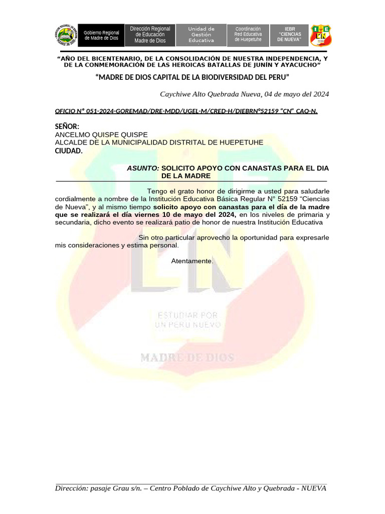 Oficio 051 Dia de La Madre Canasta | PDF