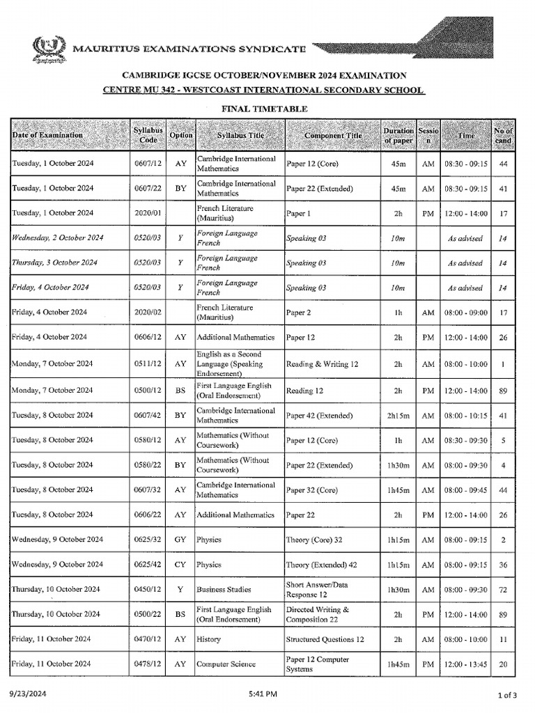 IGCSE Exam Timetable November 2024 | PDF