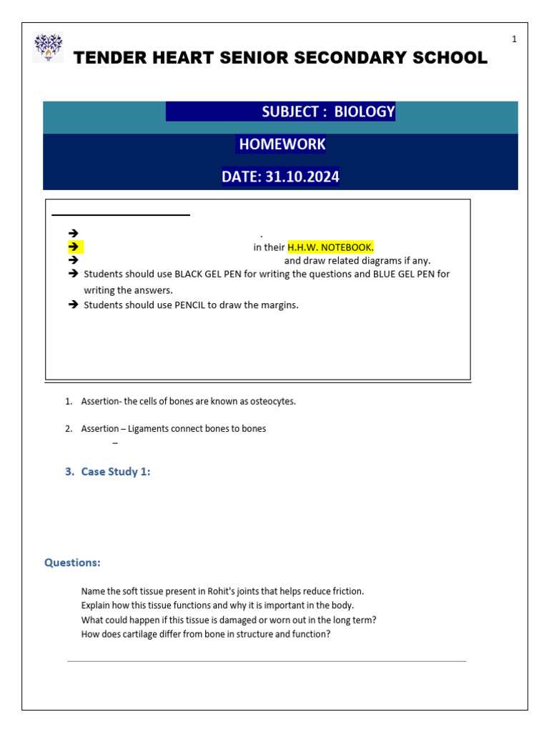 Class 9 Biology Hhw | PDF | Bone | Tissue (Biology)