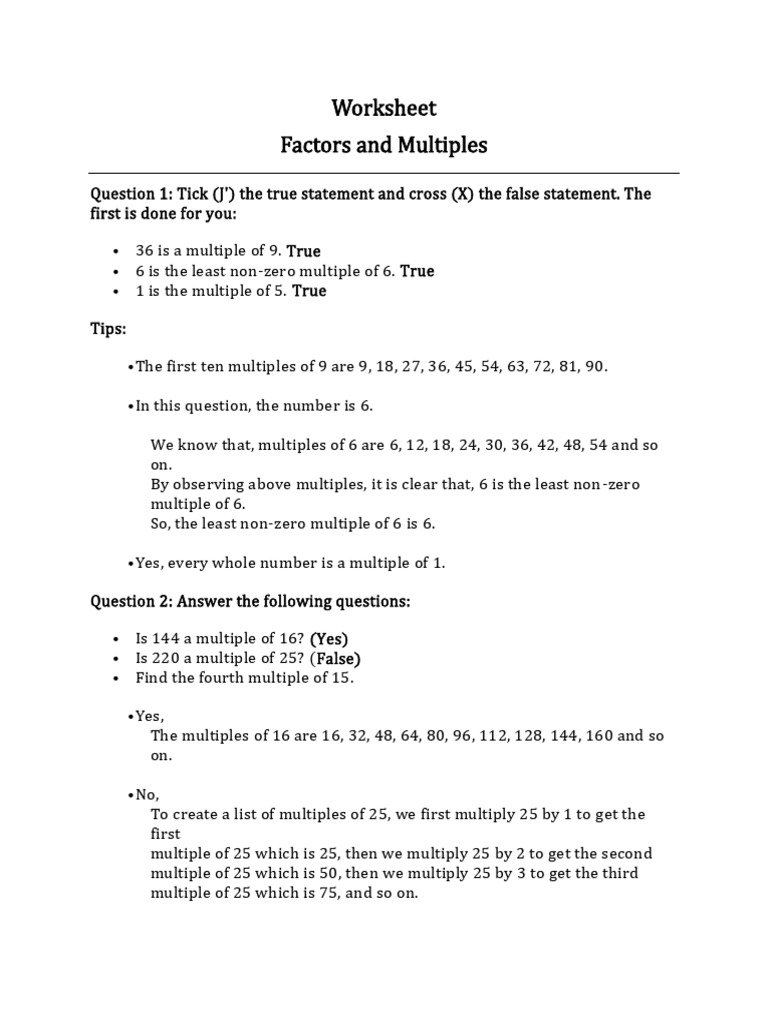 Worksheet Factors and Multiples | PDF | Prime Number | Elementary ...