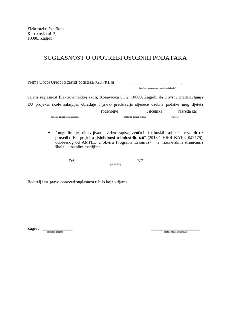 Suglasnost Roditelja | PDF