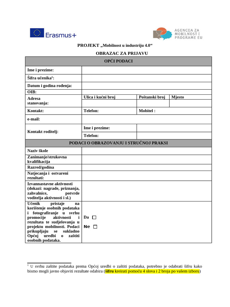 Obrazac Za Prijavu | PDF