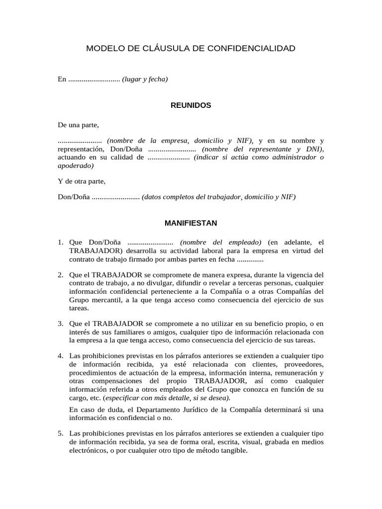 Modelo de Clausula de Confidencialidad | PDF | Daños y perjuicios ...
