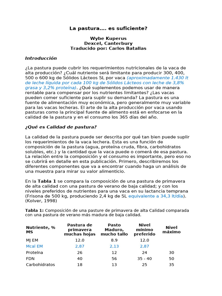 Nutrientes en Pastura para Vacas Lecheras | PDF | Proteínas | Pasto