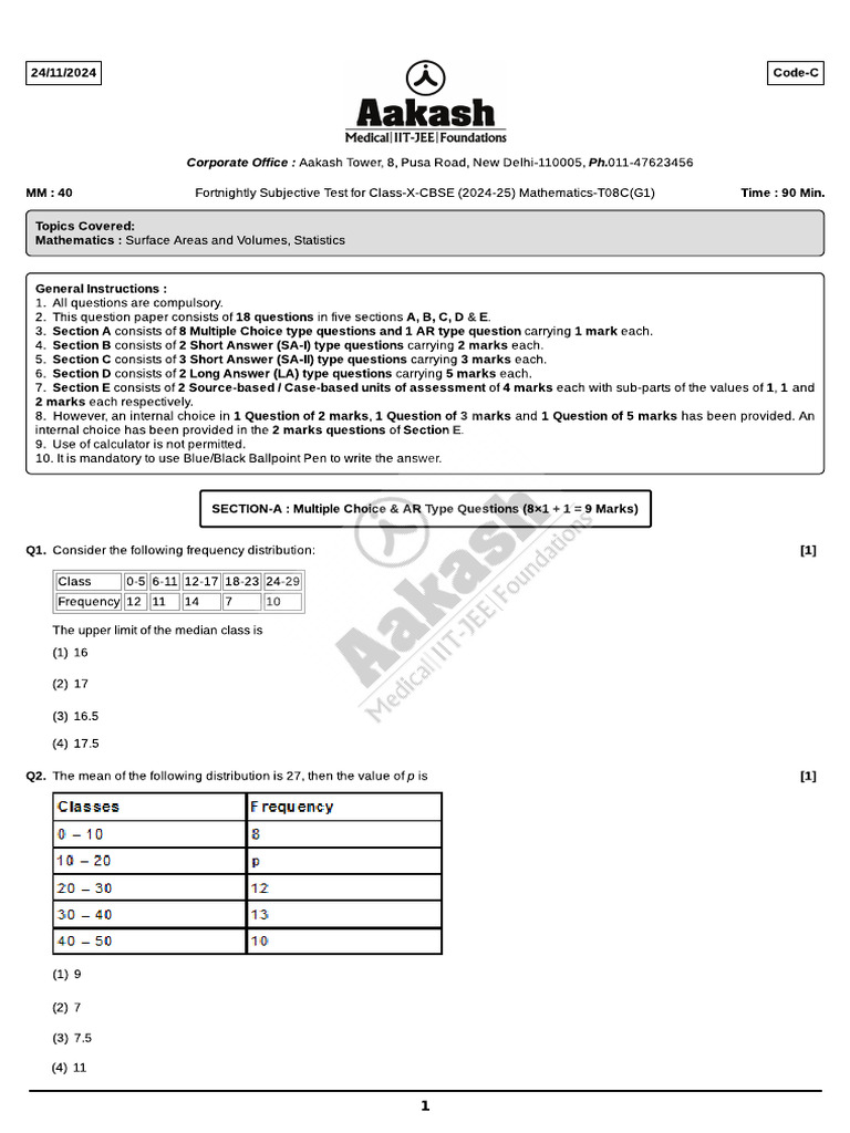 FST-8C (CBSE - G-1) Maths (C-10) (24-11-2024) | PDF