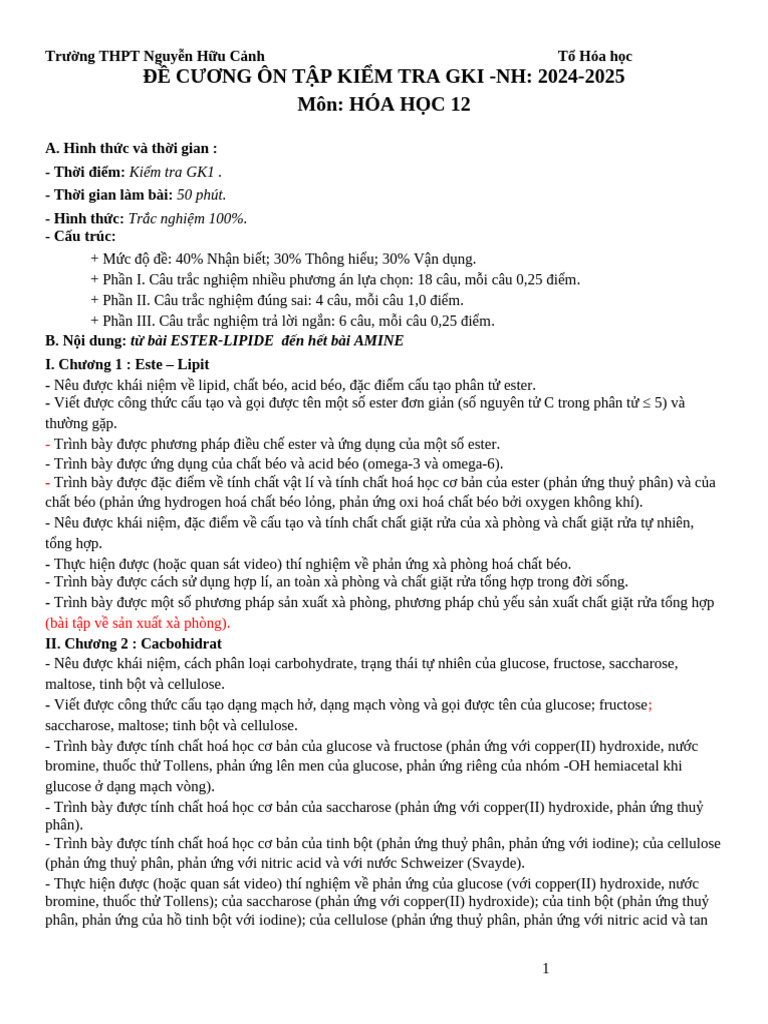 12a9-K12 - Đề Cương Gki - 2024-2025 | PDF