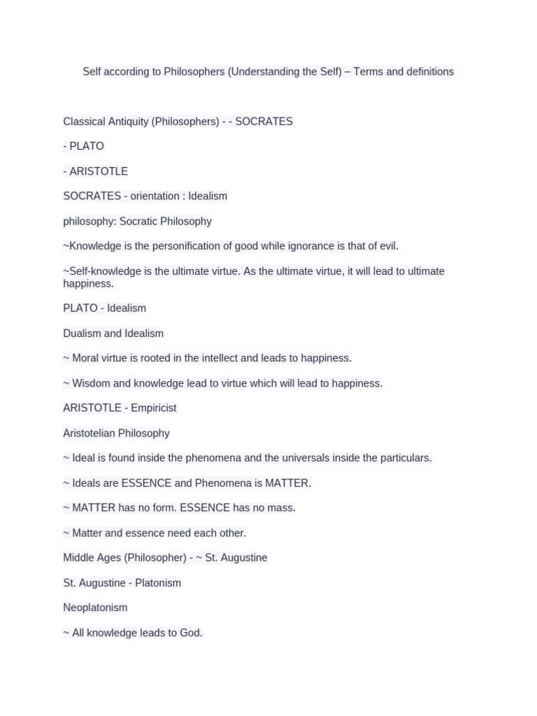 Self According To Philosophers (Understanding The Self) - Terms and ...