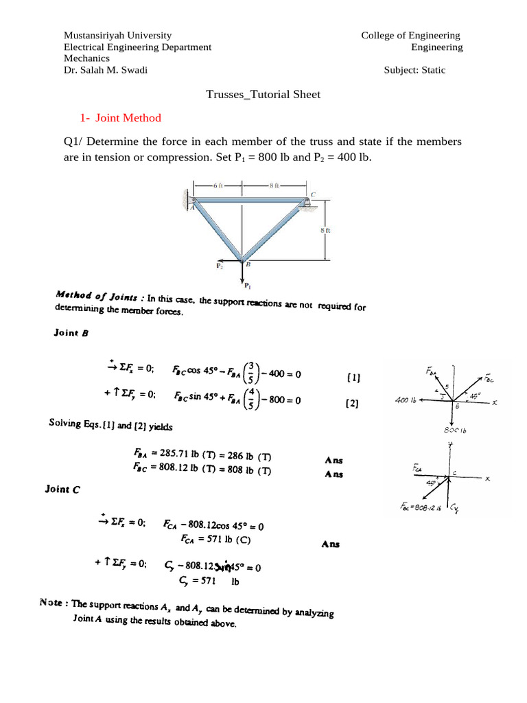 Static Trusses Tutorial Sheet | PDF | Truss | Classical Mechanics