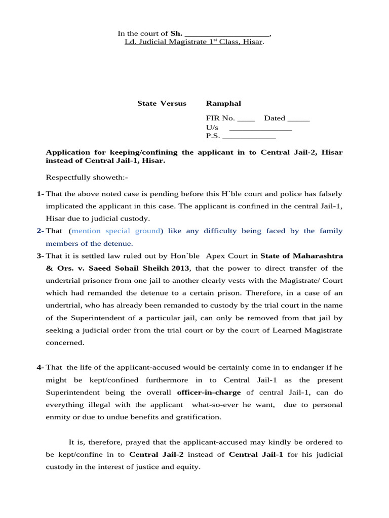 Application For Transfer of Jail For Accused | PDF