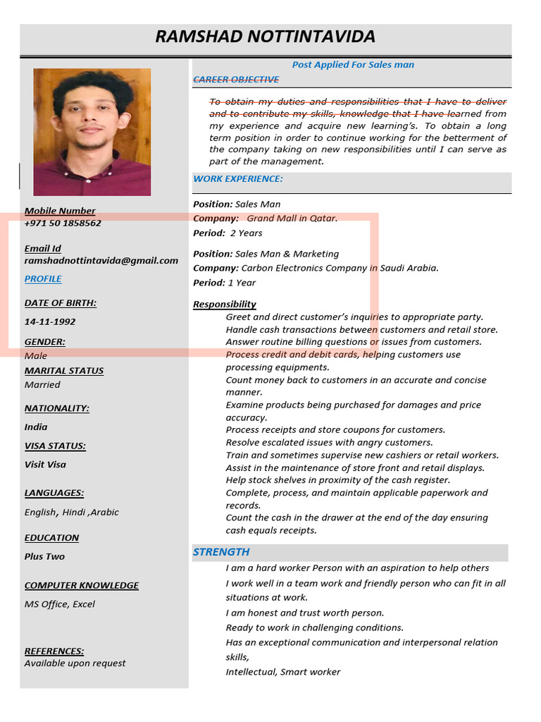 Salesman CV of Ramshad Nottintavida | PDF