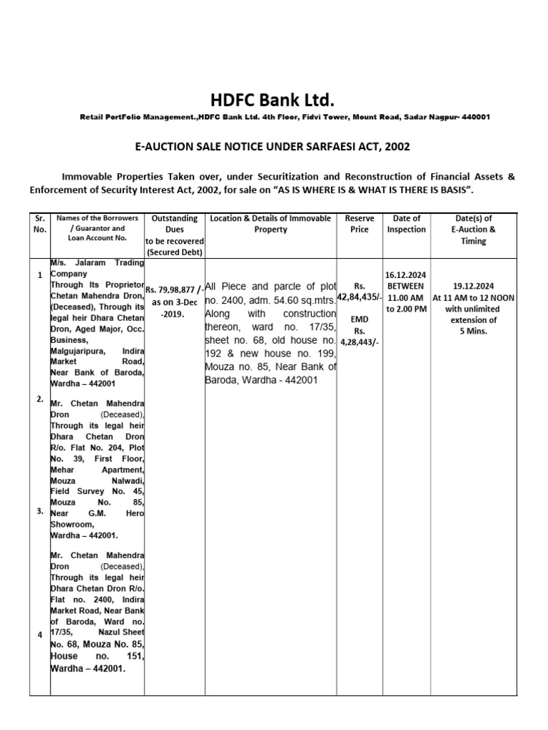 HDFC Bank E-Auction Sale Notice | PDF | Auction | Banks