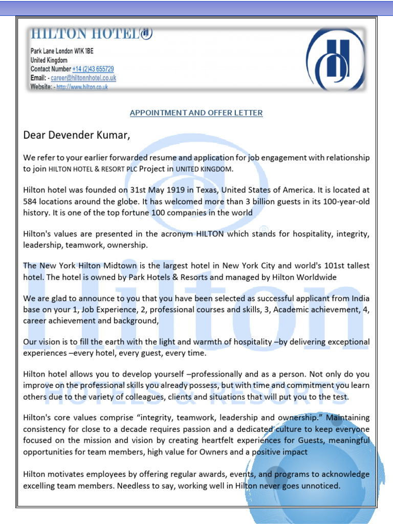Appointment and Offer Letter Devender Kumar | PDF | Travel Visa | Hilton Worldwide