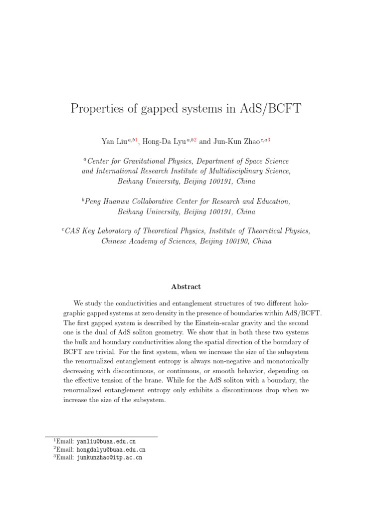 Properties of Gapped Systems in Ads/Bcft: Yan Liu, Hong-Da Lyu and Jun ...