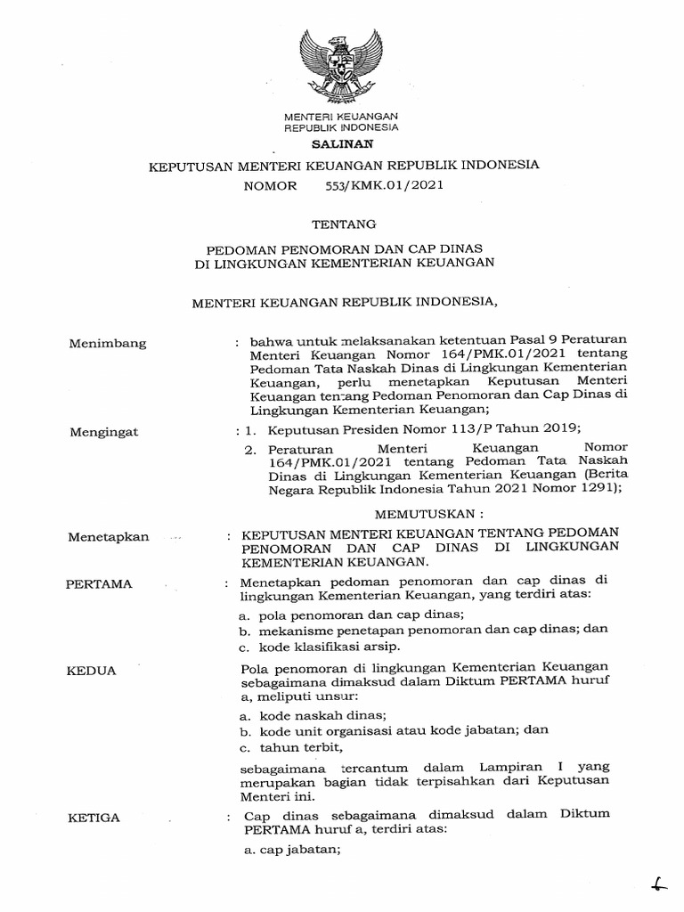 KMK No. 553 TH 2021 Pedoman Penomoran Dan Cap Dinas Kemenkeu | PDF
