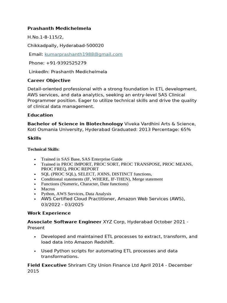 Prashanth Medichelmela Sas CV | PDF