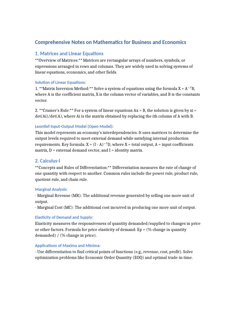 Mathematics For Business and Economics Notes | PDF | Matrix ...