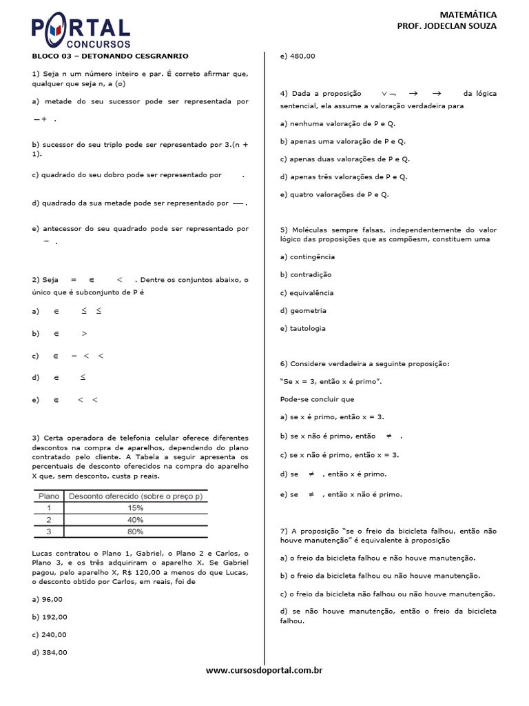 Bloco 03 - Detonando Cesgranrio | PDF | Lógica | Lógica matemática