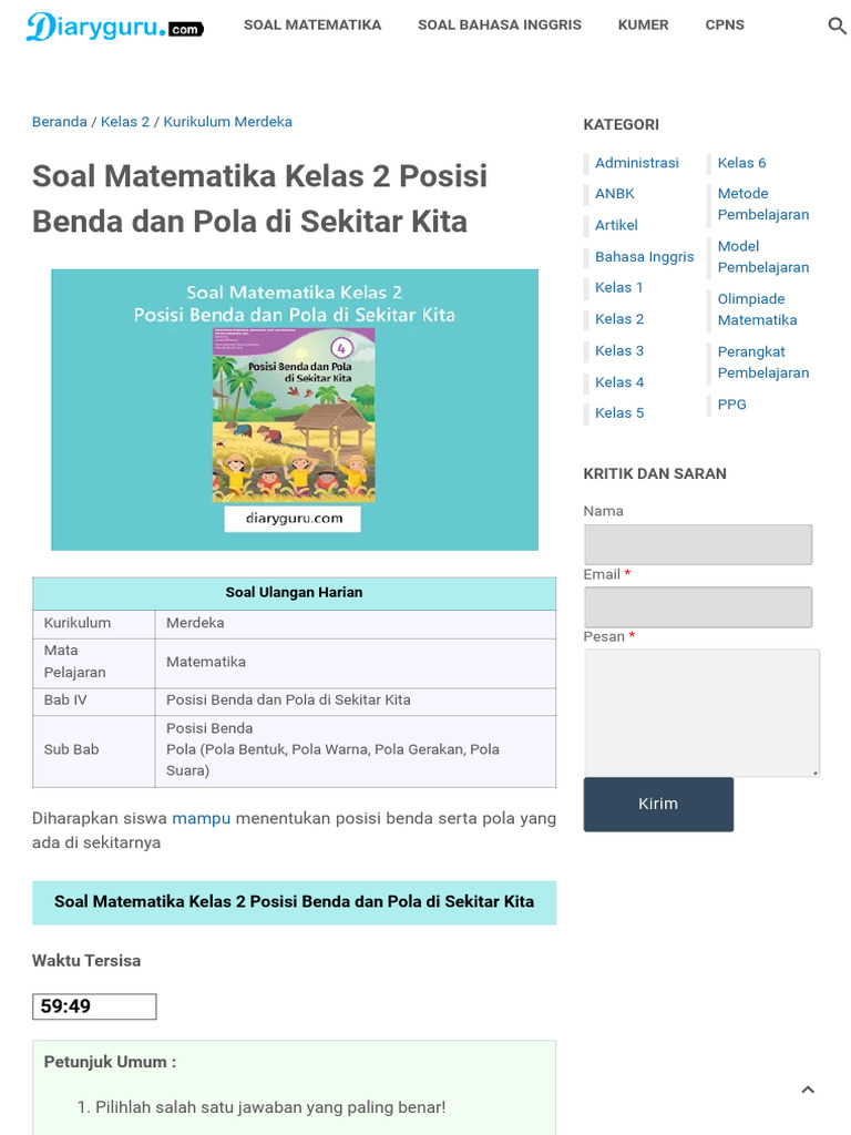 Soal Matematika Kelas 2 Posisi Benda Dan Pola Di Sekitar Kita | PDF