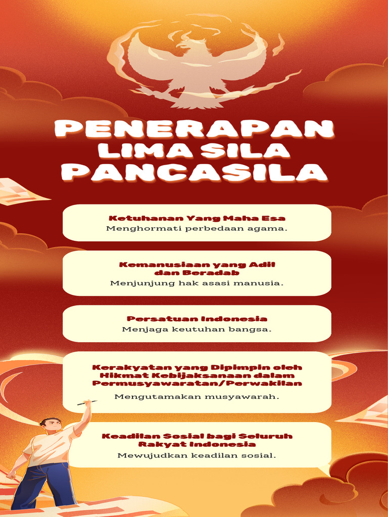 Merah dan Jingga Ilustratif Infografis Penerapan Lima Sila Pancasila | PDF