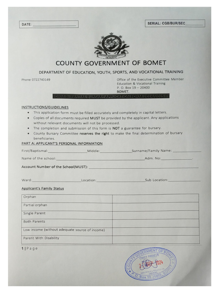 Secondary SCH Partial Bursary Application Form 2024 25 FY SEPTEMBER | PDF