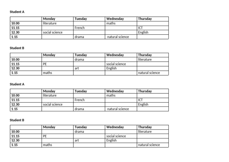 Unit 1 Subjects Timetable Pairwork | PDF