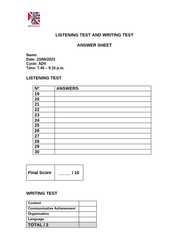 Ad4 Listening Test and Writing Test - Answer Sheet | PDF