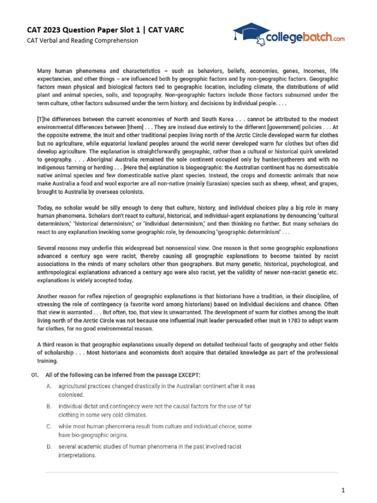 CAT 2023 VARC Question Paper With Answer Key | PDF