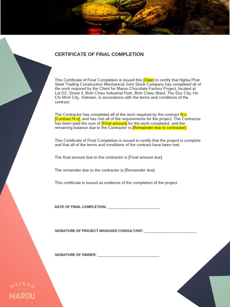 Final Completion Certificate for Marou Project | PDF