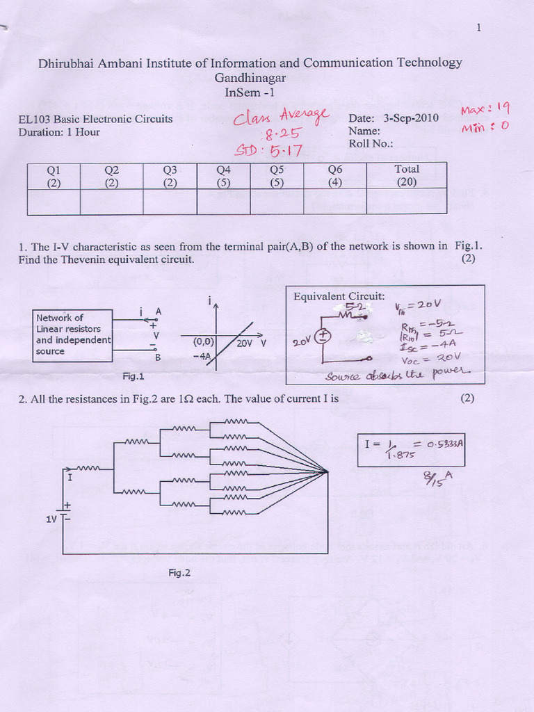 EL103 1st Insem Solutions | PDF | Analog Circuits | Electromagnetism
