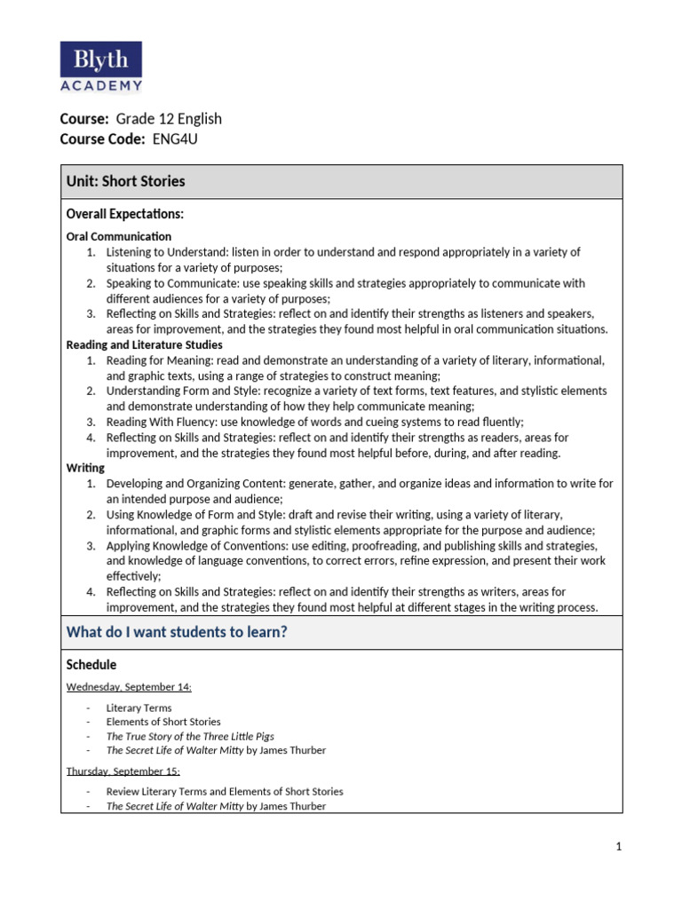 Eng4u Short Stories Unit Syllabus1 | PDF | Communication | Cognition