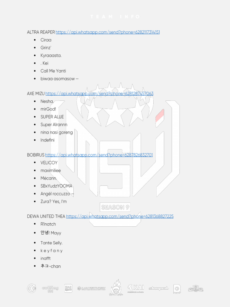 MSL S9 - Team Info | PDF