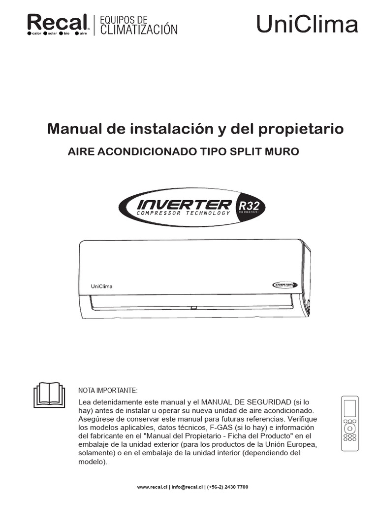 Recal Manual Split Muro Inverter R32 | PDF | Enchufes y tomas de corriente alterna | Aire ...