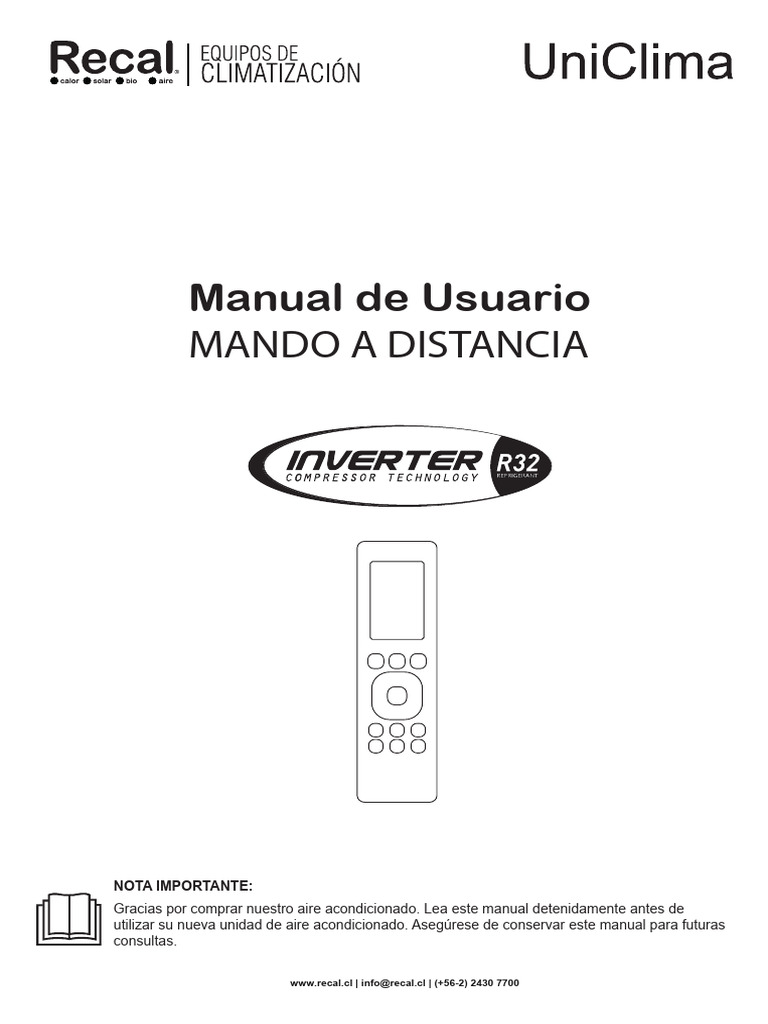 Manual de Control Aire Acondicionado Uniclima | PDF | Control remoto ...