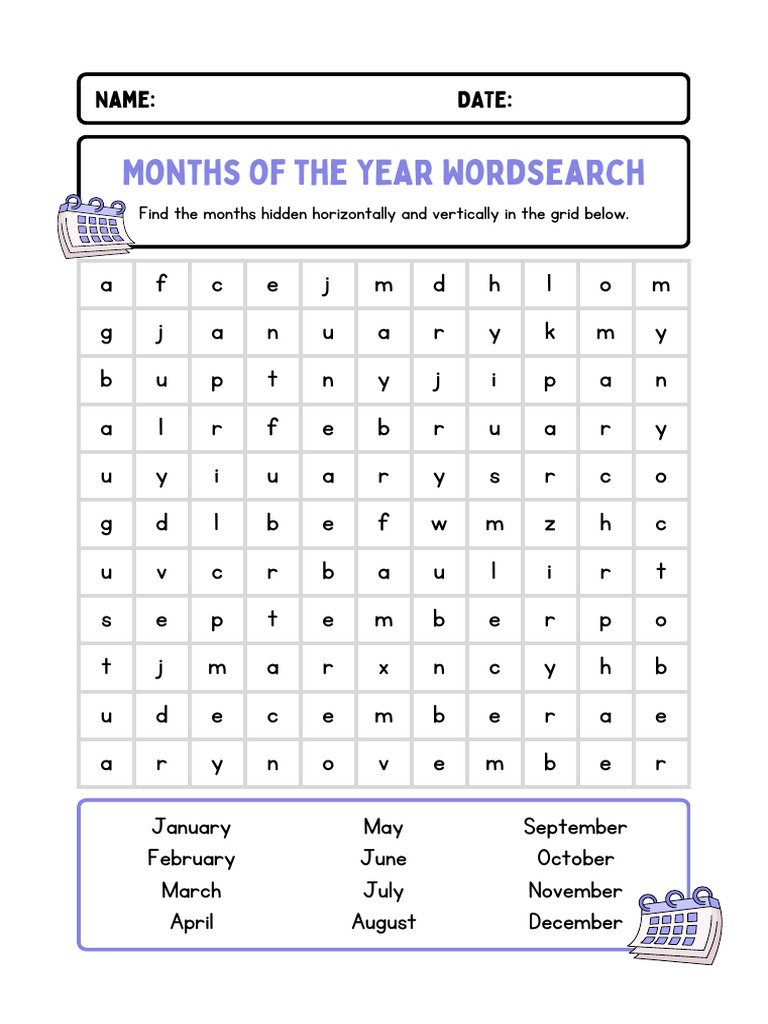 Months of The Year Wordsearch Worksheet in Simple Bold Style | PDF