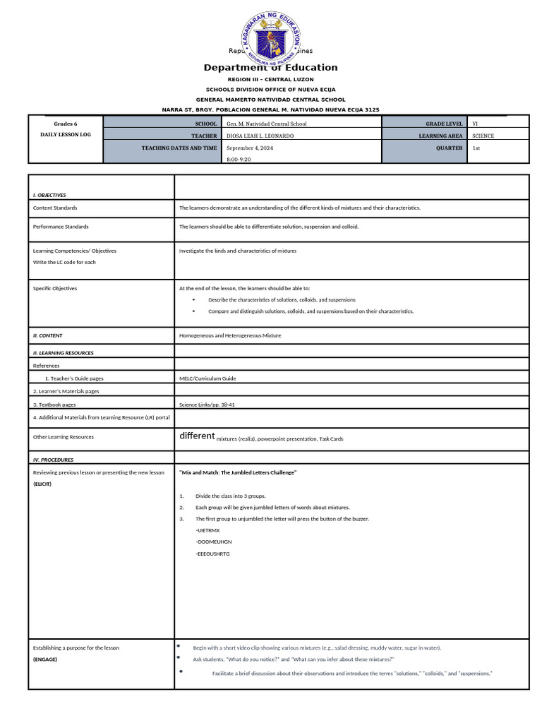 Lesson Plan Solution Suspension Colloid | PDF | Mixture | Suspension ...